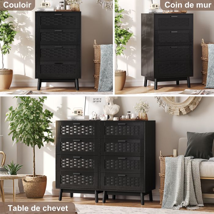 Commode en rotin et bois avec 4 tiroirs,SORVAGLOS,meuble de rangement ...