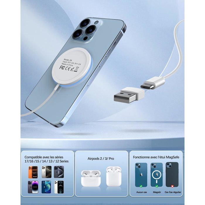Chargeur Induction Iphone, 15W Mag-Safe Fil Pour Iphone 17 Pro Max/17 ...