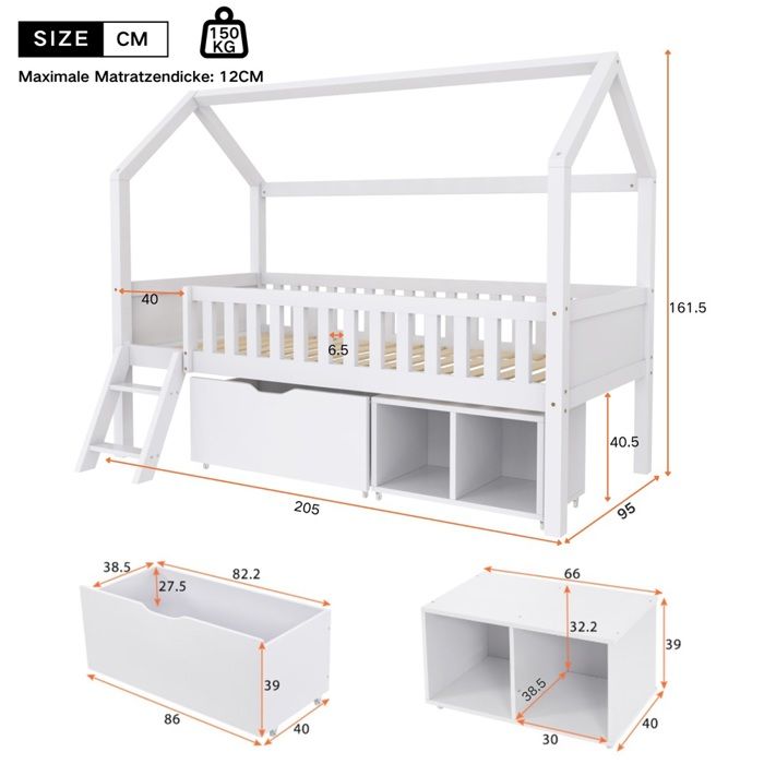 Lit cabane enfant blanc 90x200 - tiroirs compartiments rangement ...