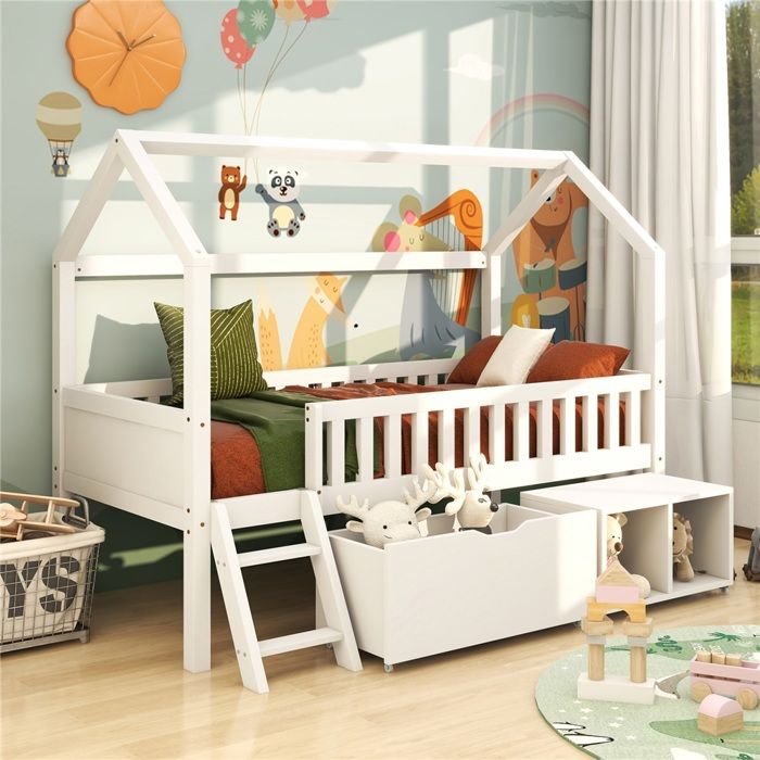 Lit cabane enfant blanc 90x200 - tiroirs compartiments rangement ...