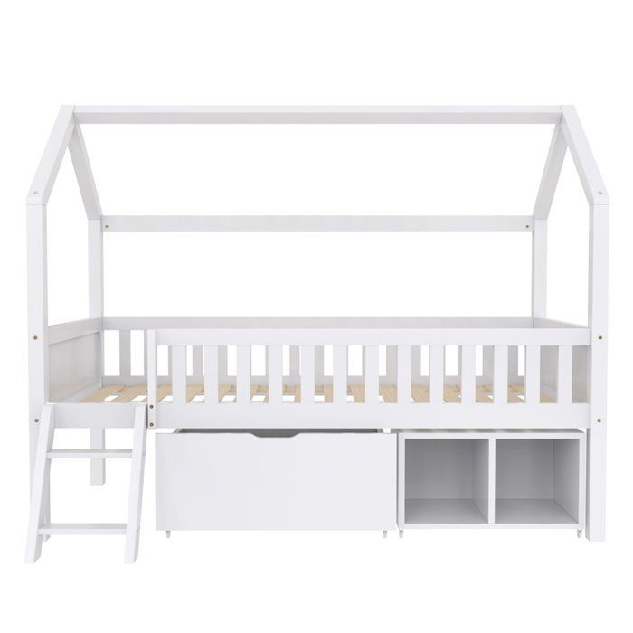 Lit cabane enfant blanc 90x200 - tiroirs compartiments rangement ...