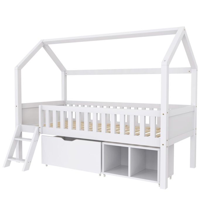 Lit cabane enfant blanc 90x200 - tiroirs compartiments rangement ...