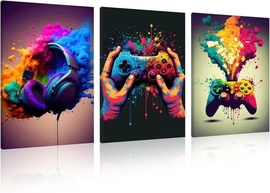 3 Panneaux Cadre en Bois Impression sur Toile Tableau Gaming Decoration ...