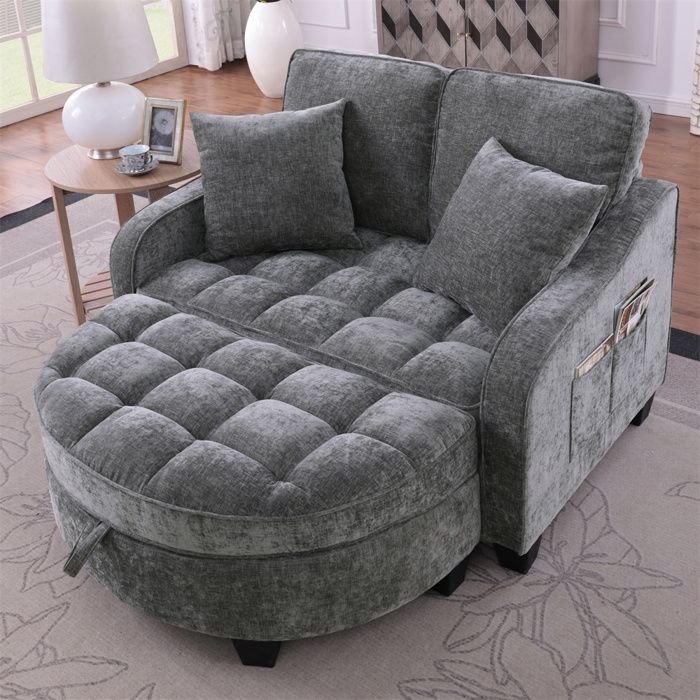 DRIPEX Canapé 2 places en Chenille avec pouf de rangement,Canapé lit ...