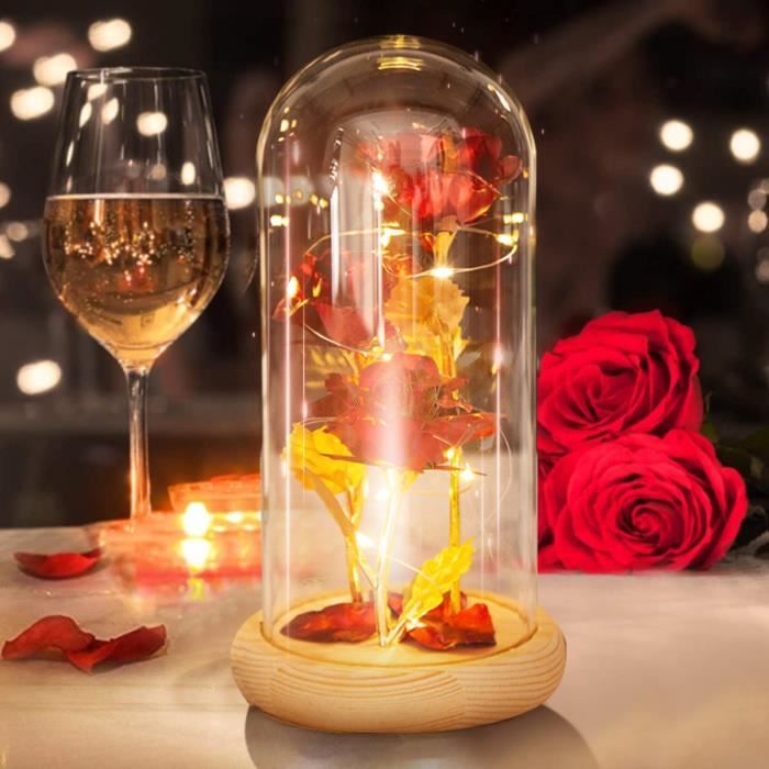 Rose Eternelle sous Cloche, Rose Enchantée,avec Lumières LED, Rouge ...