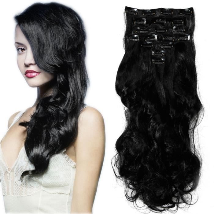 Extensions de Cheveux A Clip Synthétique 8 Pieces Ondulé - Noir Foncé ...