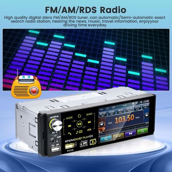 Rds Autoradio Bluetooth 1 Din Poste Radio Voiture 4.1 Pouces Écran Tactile Avec Fm-Am Récepteur ...
