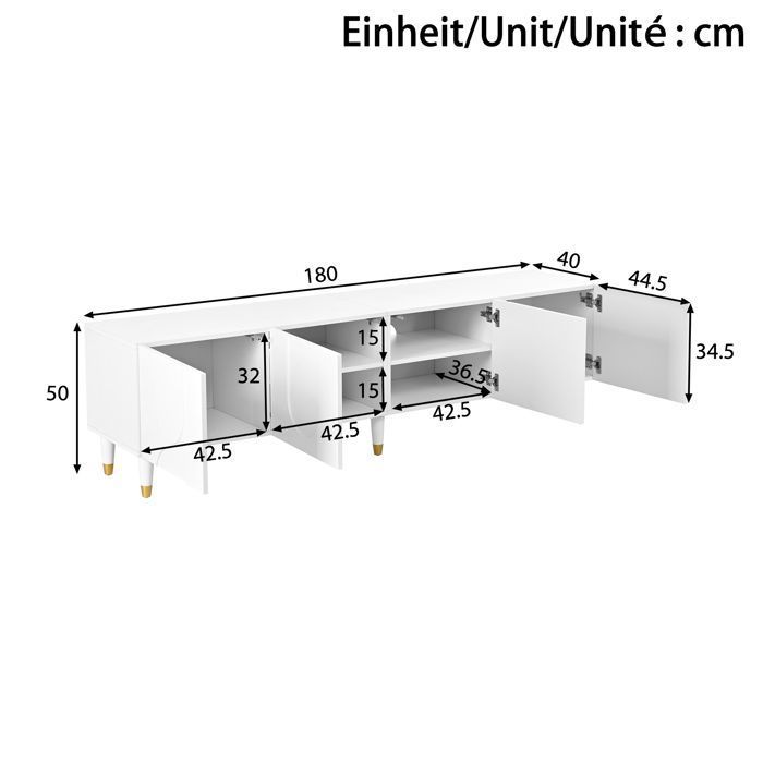 Meuble TV design bas 180x40x50 cm avec 4 portes, rangement multiple ...