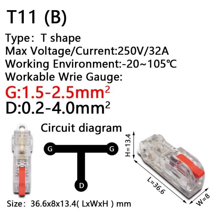 (T11-B|1 PCS)Connecteurs de câble électrique rapides de type T, serrure ...