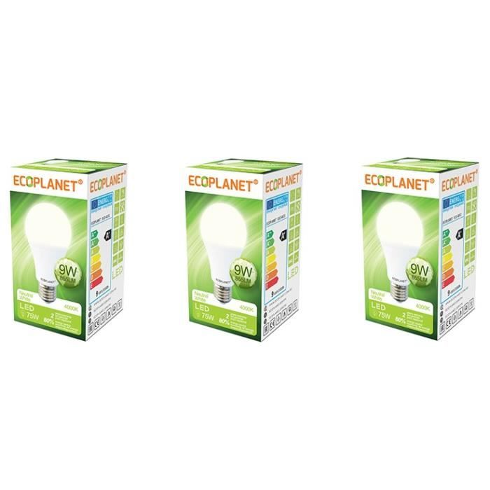 Ecoplanet - Lot de 3 Ampoules LED A60, 9W (75W), Gros Culot E27, 855 Lm, Blanc Neutre 4000K, 175 ...