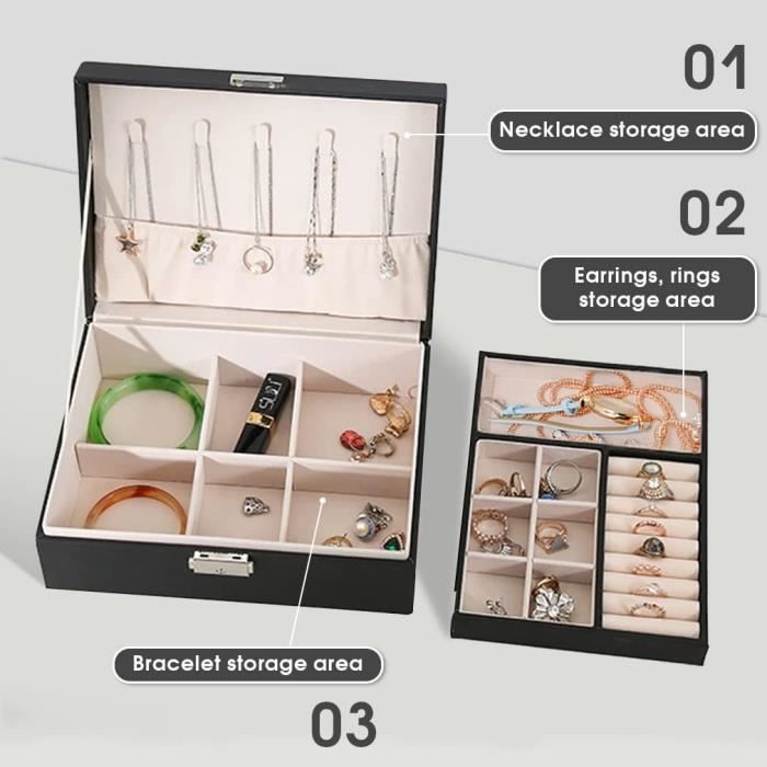 Boite A Bijoux Femme, 2 Niveaux Rangement Bijoux, Organisateur Bijoux ...