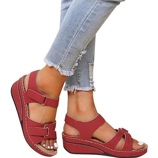 Sandales Femme - Rouge - Compensé - Confortable - Orthopédique Rouge ...