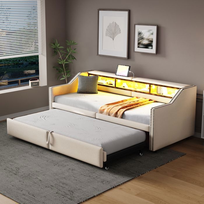 Lit Banquette Gigogne 90/180x200 cm, Canapé-Lit Extensible avec ...