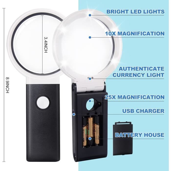 Loupe Avec Lumière Et Support 10X 25X, Design Pliable Éclairé Loupe ...
