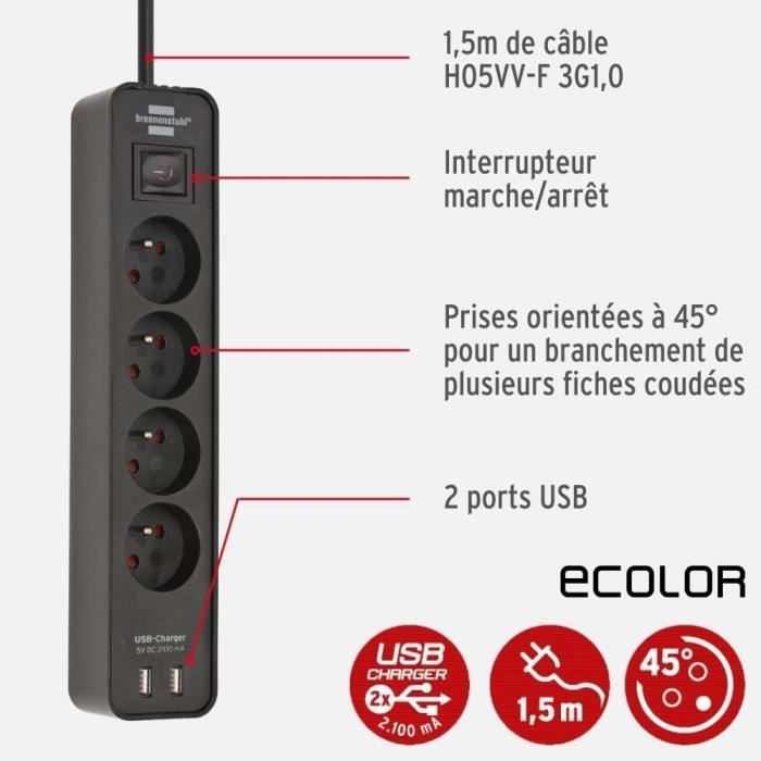 Multiprise Ecolor Noire, 4 Prises + 2 Prises Usb, Avec 1,5M De Câble ...
