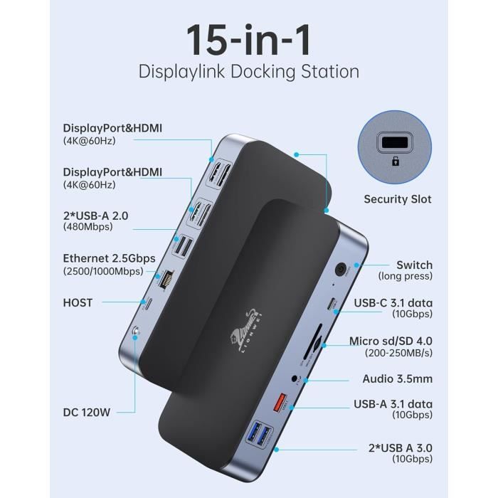 Displaylink Docking Station Dual Monitor 15 In 1 Universal Docking ...