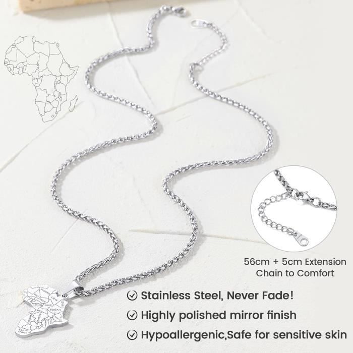 Pendentif Carte Afrique Collier Africain Continent Acier Inoxydable ...