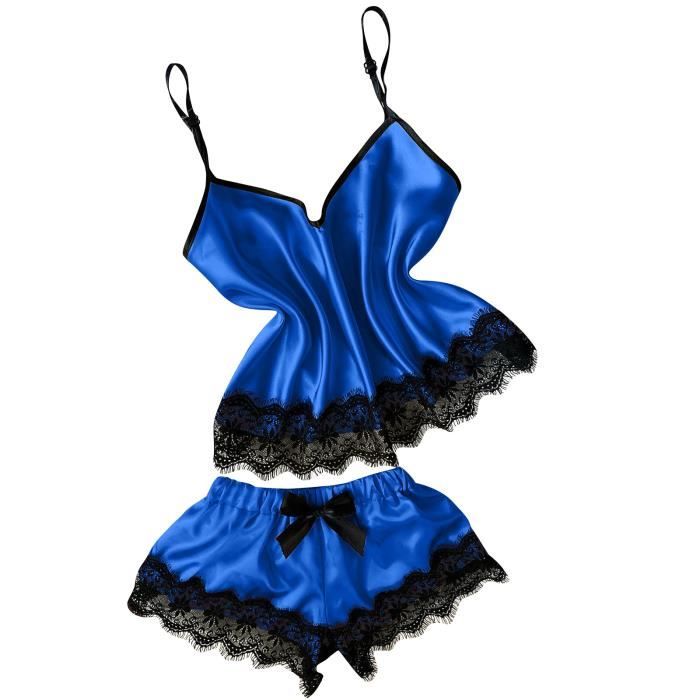 Femmes V-Neck Eyelash Lace Sexy Stain Camisole Pyjamas Bowknot Shorts ...