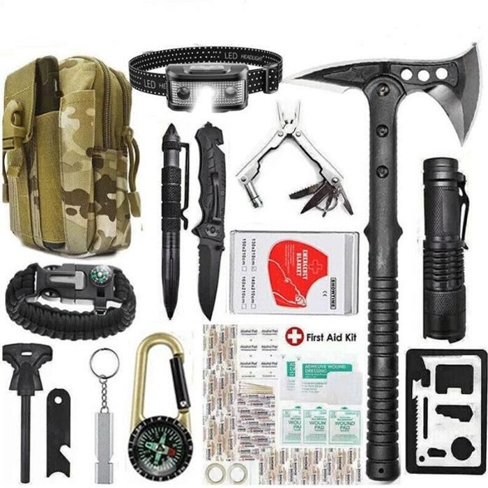 Survival Kit 40 en 1 Kits de survie d'urgence en plein air + Hache outil multifonctions Outil de ...