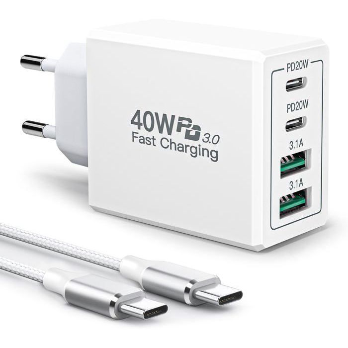 Chargeur USB C, 40W USBC Chargeur Rapide iPhone Charge et 2M Cable USB ...