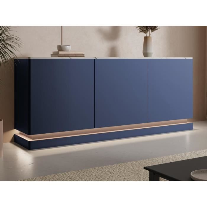 Buffet 3 portes avec LEDs en MDF - Bleu et effet marbre blanc - DEVIKA ...