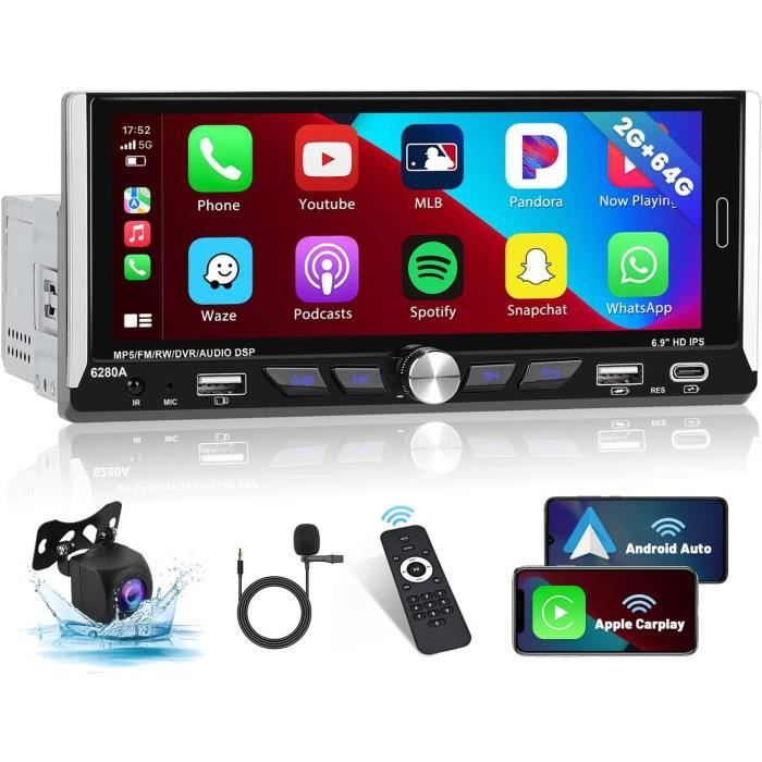2G+64Gb Android Autoradio 1 Din Carplay Sans Fil Android Auto Gps Wifi ...