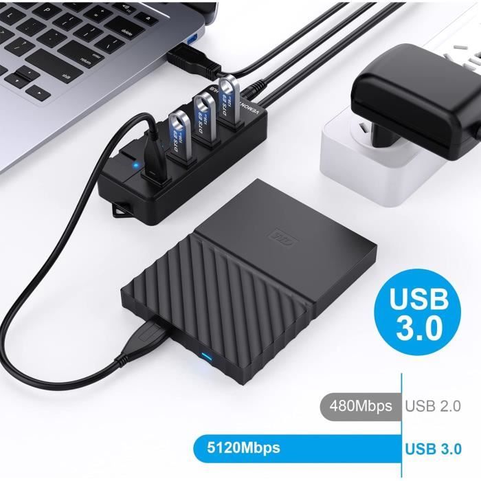 Hub Usb Avec Bloc D'Alimentation, Hub Usb 3.0 4 Ports - Adaptateur Actif Et Interrupteur Marche ...