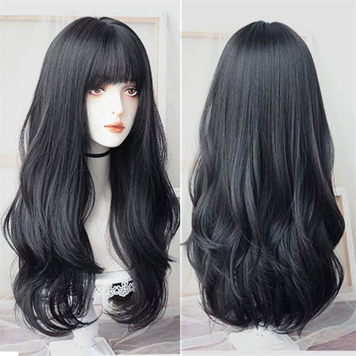 One Color perruque synthétique Longue perruque noire avec frange ...
