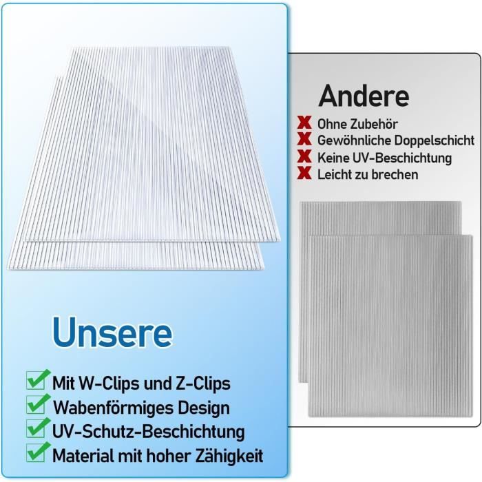 Lospitch Lot de 14 plaques alvéolaires en polycarbonate - 1210 x 605 mm ...