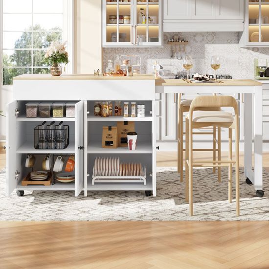 Table Bar Extensible 118→180cm - 6 Casiers - Blanc Moderne - Cuisine ...