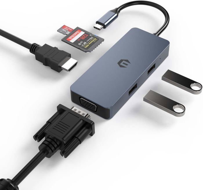 Hub USB C 6 en 1, Adaptateur multiport USB C avec Double écran HDMI VGA ...