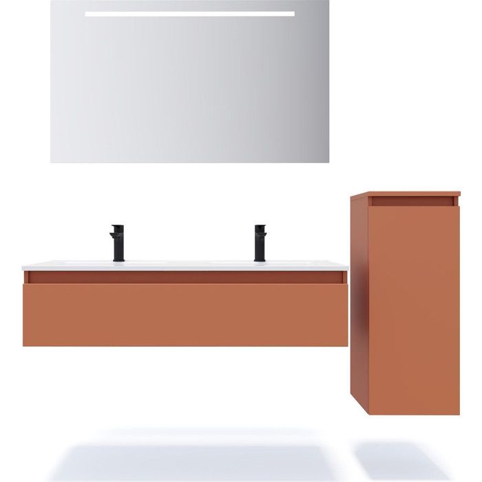 Ensemble salle de bain double vasque 120cm 1 tiroir Terracotta + miroir ...