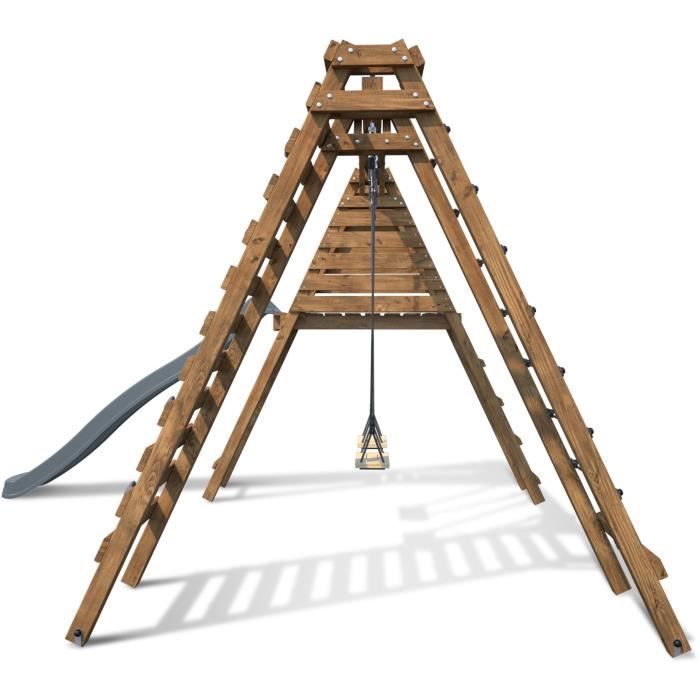 Aire de jeux en bois - SOULET - ISIS - 2 agrès, toboggan, filet et mur ...