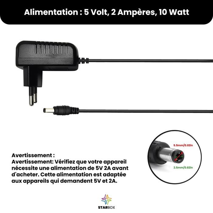 Alimentation Universelle 5V 2A DC, AC 100-240V 50/60Hz fiche Jack 5,5-2 ...