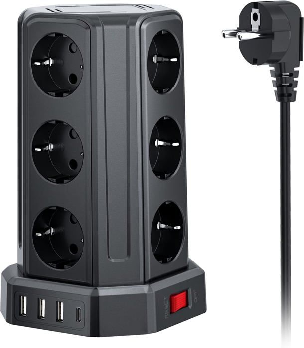 Multiprise avec Interrupteur 5M(4000W/16A), 12 Prises et 3 USB A+1 USB ...