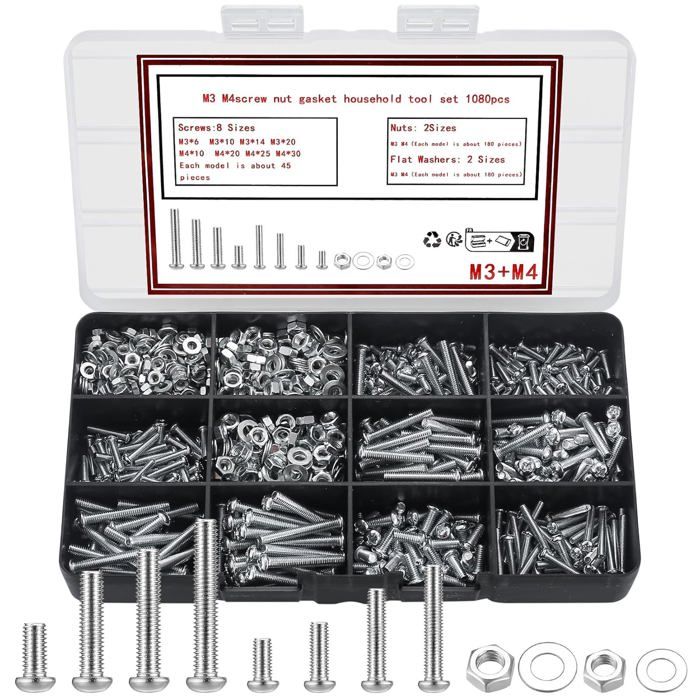 Boulons et Écrous Métriques,1080 pièces,Tête Ronde,Tête Plate,Tête tête de croix,Kit d ...