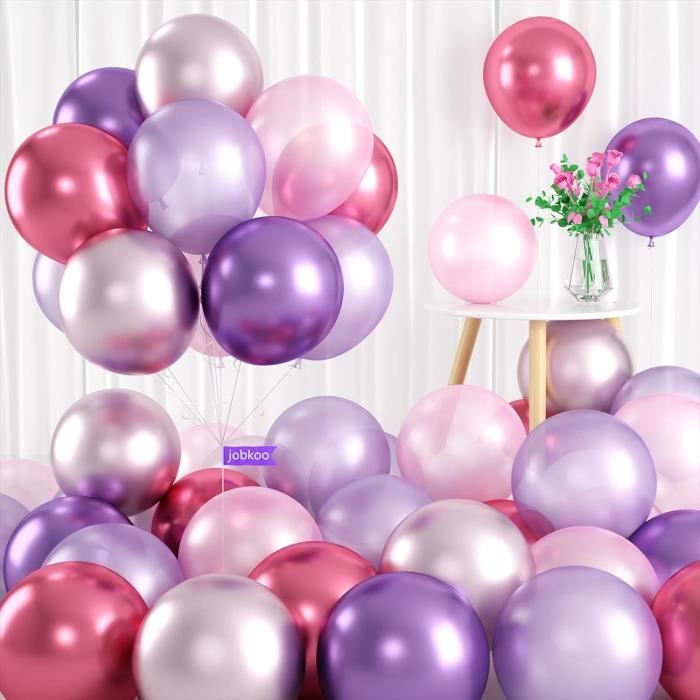 Lot de 60 ballons violets et roses métallisés pour fête d'anniversaire ...