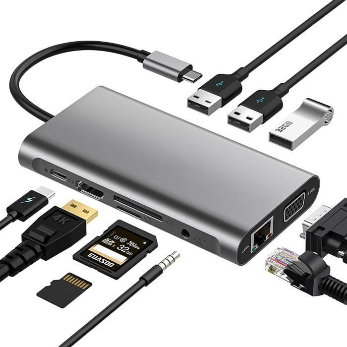 Hub USB C, Adaptateur Multiport 10-en-1, HDMI 4K, Ethernet RJ45, Carte ...