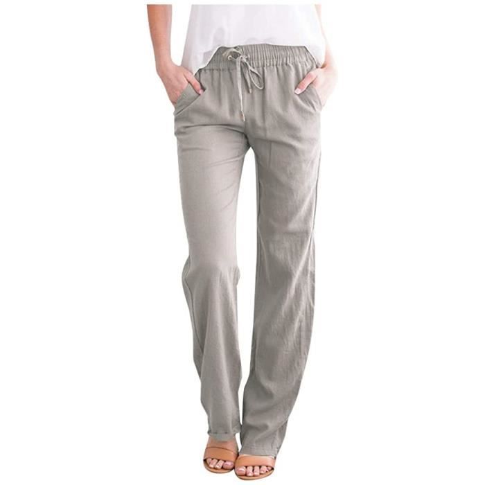 Pantalon Femme Coton Et Lin Décontractés Pantalon Ample avec Poches Pantalon Uni à Cordon ...