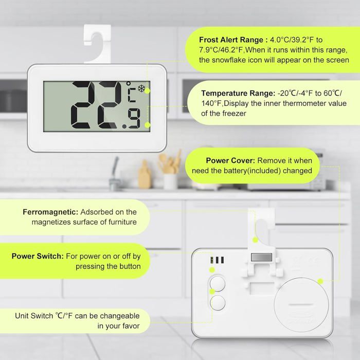 Romon Thermomètre frigo numérique 1 pièce avec écran LCD mini, crochet ...