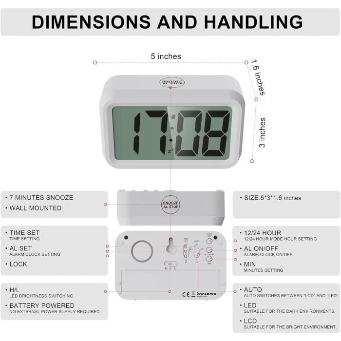 Alarme Lcd Automatique Avec Écran Led, Fonctionnement Sur Batterie, Grand Numérique, Snooze ...