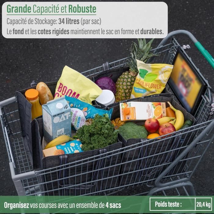 Lot De 4 Sacs De Courses Et Cabas Réutilisables, Base Renforcée, Poche ...