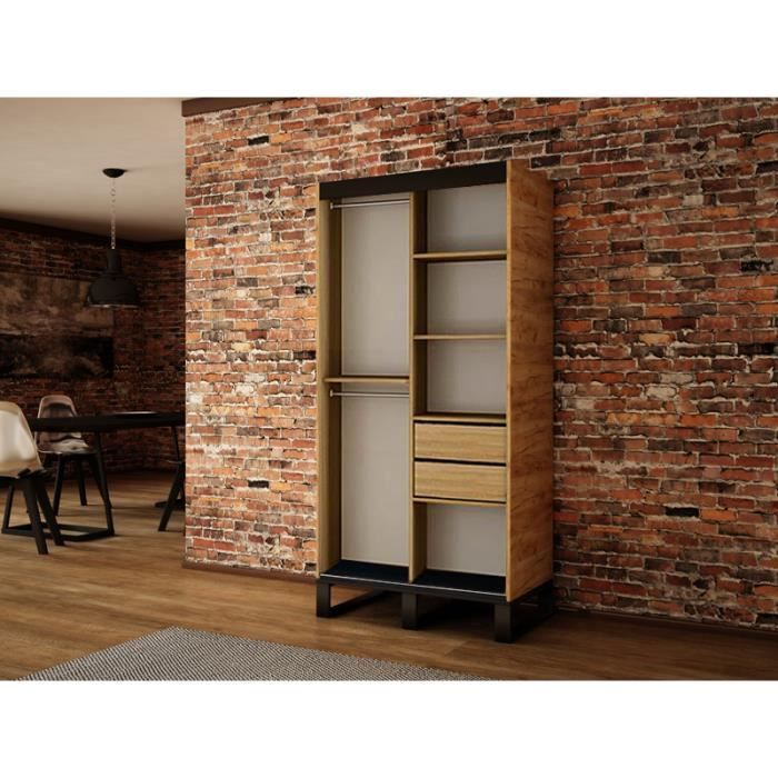 Armoire de Chambre avec 2 Portes Coulissantes Loft Style Pieds en métal ...