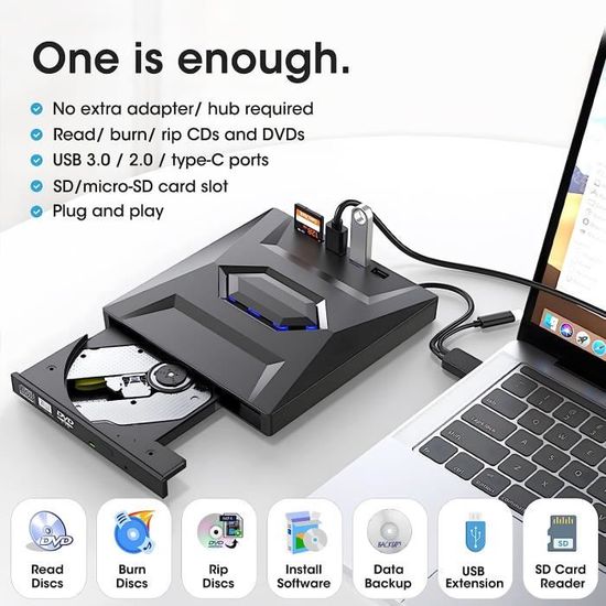Lecteur - Graveur CD DVD Externe USB 3.0 Ultra Slim + Type-C Port + SD ...