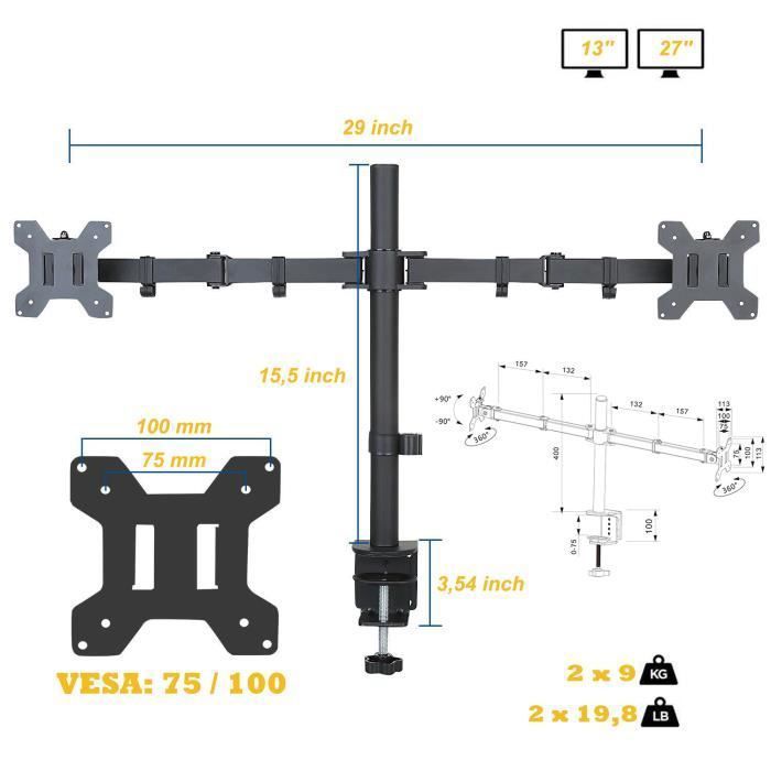 KITYTETY Support écrans PC double pour 2 Moniteurs 13'' -27'', Fixation ...