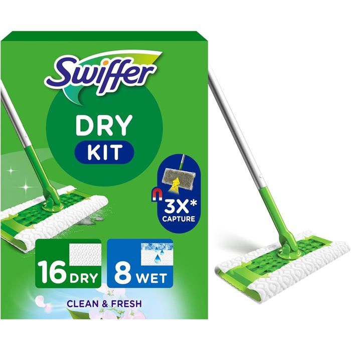 Swiffer Kit Complet Balai, 1 Balais, 16 Lingettes Sèches et 8 Lingettes ...