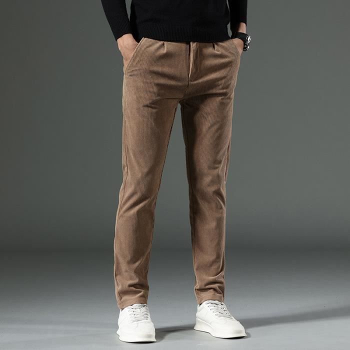 Pantalon Homme Velours Côtelé Automne Slim Rayure Couleur Unie Marron ...