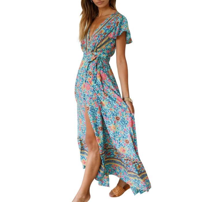 AmzBarley Femmes Maxi Bohème Robes Imprimé Floral Manches Courtes Dames ...
