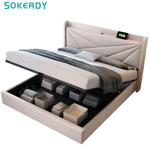 SOKERDY Lit double avce Chargement USB Type C, Espace de Stockage, Lit Rembourré 180x200m, Tête ...