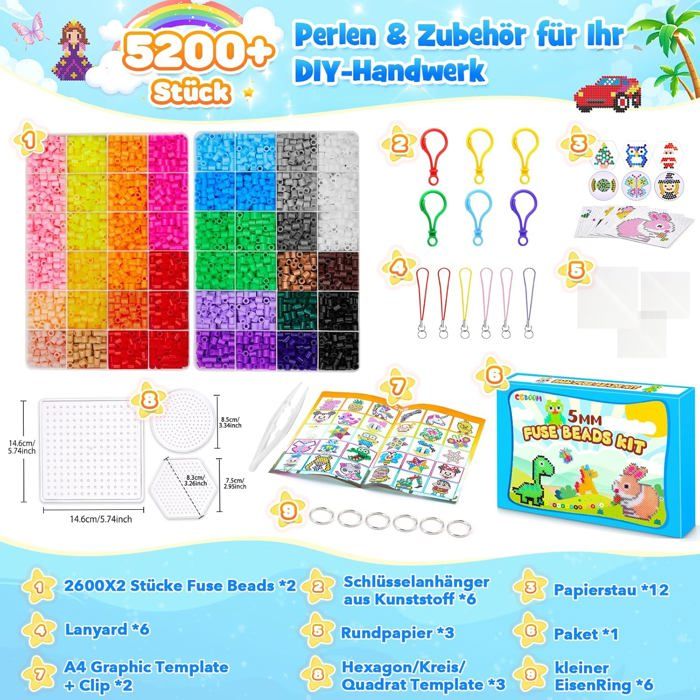 5200 Perles à Repasser, 5MM Kit de Perle a Repasser Bricolage Loisirs ...